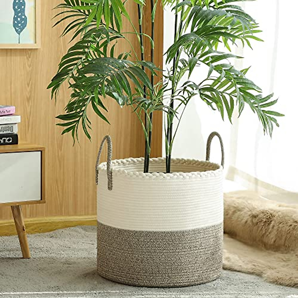 KAKAMAY Large Blanket Basket (18"x18"x16"),Woven Baby Laundry Hamper for Storage, Cotton Rope Blankets Baskets for Nursery, Laundry, Living Room, Pillows, Baby Toy chest with Handles (White/Beige)