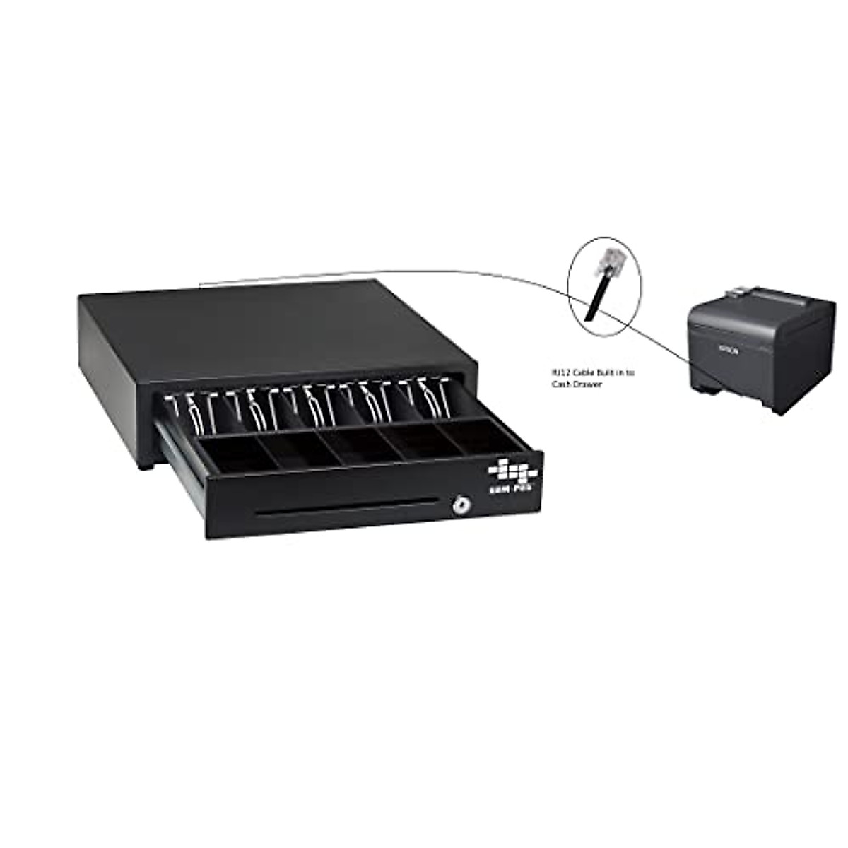 EOM-POS Cash Register Money Drawer. Compatible with Square [Receipt Printer Required]. Includes Built in Cable to Connect to Receipt Printer. (Printer Driven)