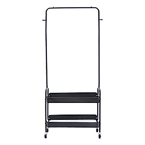 LOHISHILO 2-in 1 Clothing Rack Portable Clothes Hanger Stand with 2 Tier Metal Basket Rolling 4 Wheels, for Hallway, Living Room, Bedroom, Dressing Room, Laundry Room(2-in 1 Black)