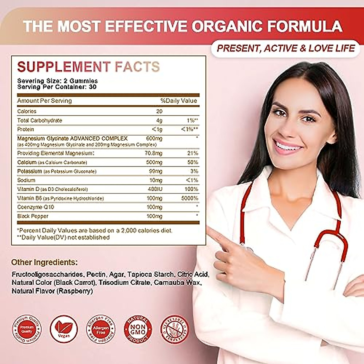 Magnesium Glycinate Gummies 400mg - Sugar Free Magnesium Potassium Supplement with Vitamin D, B6, CoQ10 for Calm Mood & Sleep Support - 60 Raspberry Gummies