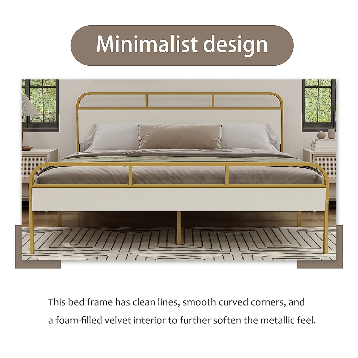 alazyhome Modern King Size Bed Frame, Metal Platform Bed with Velvet Upholstered Headboard, Steel Slats Support, Noise Free, Under-Bed Storage, Easy Assembly, Gold