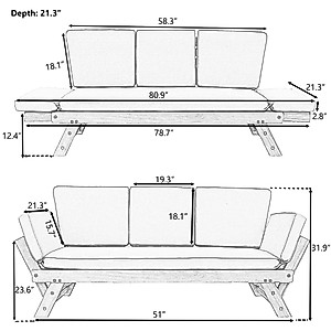 LUMISOL Outdoor Daybed, Convertible Chaise Lounge with Cushions, Adjustable Patio Wooden Furniture Sofa for Patio Balcony Porch Courtyard Poolside, Brown Finish+Gray Cushion
