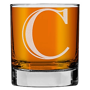 Etched Monogram 11oz Whiskey Rocks Glass (Letter C), A-Z Customized Bourbon Gifts for Men, Personalized Old Fashioned Scotch Glass, Custom Engraved Gifts for Him, Initial, Name, Regalos Personalizados