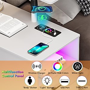 Gurexl 360° LED Nightstand with Wireless Charging Station, Movable Adjustable Bedside Table with Laptop Tray, Auto Sensor Night Stand with 24 Color Dimmable