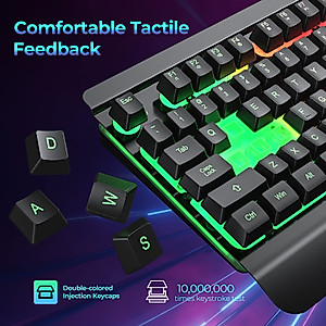 Pauroty Gaming Keyboard Metal, Rainbow LED Backlit Silent Keyboard with Wrist Rest, 104 Quiet Membrane Keys, Multimedia Keys,19 Anti-ghosting Keys, Waterproof, USB Wired Keyboard for Windows PC Gamer