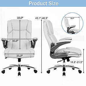400lbs Big and Tall Office Chair Ergonomic Adjustable Rolling Swivel PU Leather Desk Chair with Padded Flip-up Armrest, High Back Executive Lumbar Support Task Work Chair for Heavy People,White