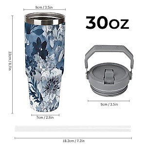 Aqua Blue Floral Pattern Tumbler 30oz Large Capacity Car Cup with Handle Fit in Any Car Cup Holder Stainless Steel Leakproof Insulated Coffee Tumblers with Lid And Straw