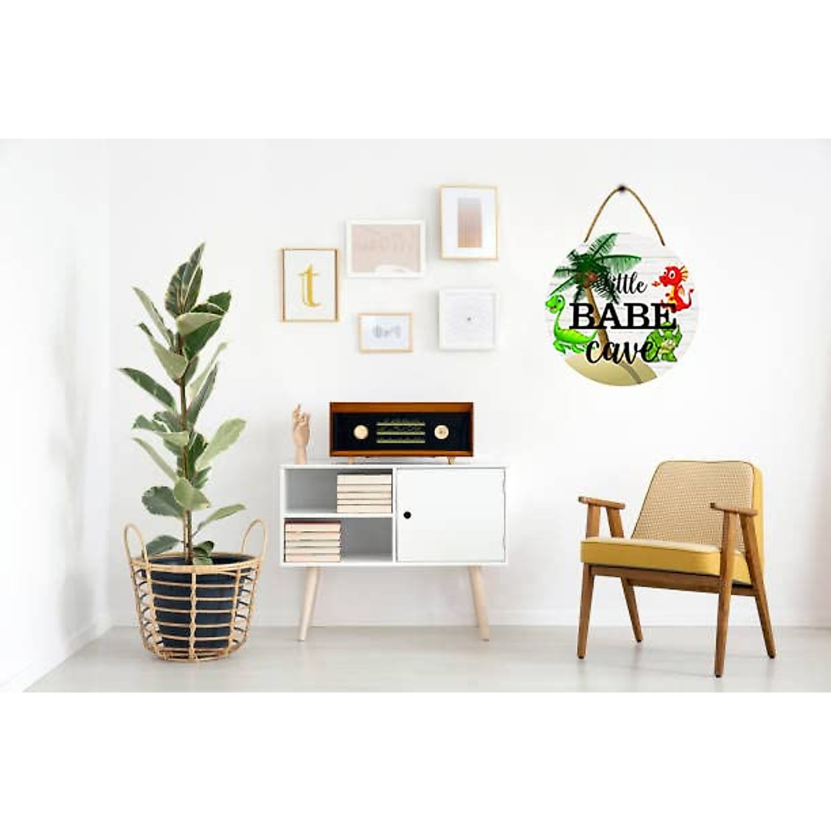 KPSheng Dinosaur Door Decor Plaque, Little Babe Cave Wooden Sign Door Hanger Nursery Decoration for Boys, Wood Wall Hanging Wreath for Toddler Kids Room Bedroom Playroom, 12 x 12 Inch