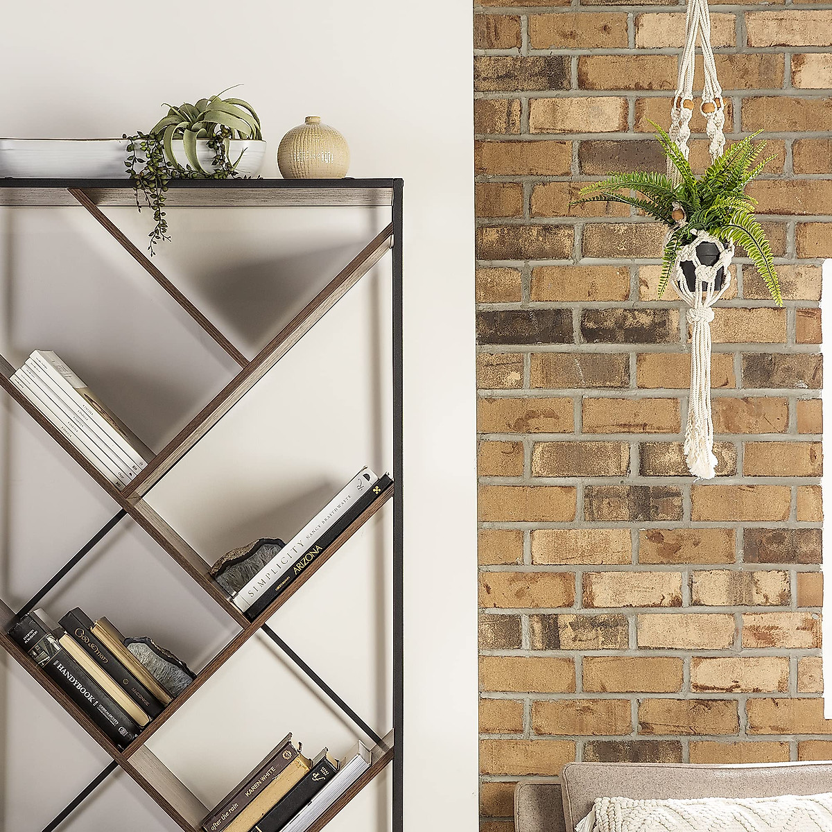 Walker Edison Modern V-Shaped Open Shelf Metal Wood Bookcase Tall Bookshelf Storage Home Office, 68 Inch, Dark Walnut