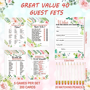 220 Pcs Floral Bridal Shower Game Set for 40 Guests Wedding Games Cards and Pencils Floral Bridal Game Supplies 5 Activity Accessories Gifts for Bride Groom Bachelorette Party Wedding Party Favors