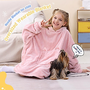 Aemilas Wearable Blanket Hoodie, Oversized Flannel Blanket Sweatshirt with Hood Pocket and Sleeves, Cozy Warm Plush Hooded Blanket for Kids Youth Boys Girls, One Size Fits All (Light Pink), Big Kid