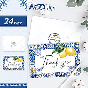 AnyDesign Lemon Thank You Cards Bulk 24 Pack Thank You Note Cards with Matching Seal Stickers Envelopes Blue Tiles Lemon Greeting Cards for Baby Shower Wedding Birthday Bridal Party and All Occasion