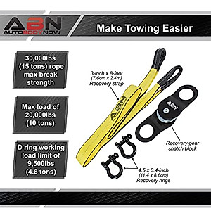 ABN Offroad Recovery Kit - 8ft Tow Strap with Winch Accessories 20,000lbs Snatch Block and 2pk D Ring Shackles