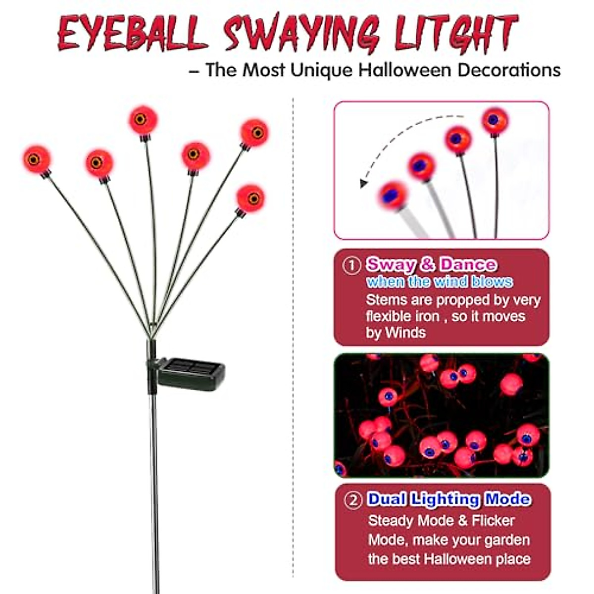 TONULAX Halloween Decorations Outdoor, 2 Pack Upgraded Solar Scary Eyeball Lights with Dual Lighting Modes, Swaying Firefly Lights, Solar Pathway Light for Yard, Garden,Yard Decor, Party (Red)
