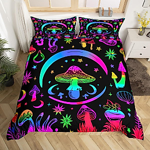 jejeloiu Bobo Moon Duvet Cover Mushroom Stars Galaxy Bedding Set for Kids Boys Girls Teens Neon Colorful Bohemian Room Decor Comforter Cover Set Twin Size Bright Colorful Bedspread Cover 2Pcs Zipper