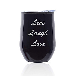 Stemless Wine Tumbler Coffee Travel Mug Glass With Lid Live Laugh Love (Midnight Black)