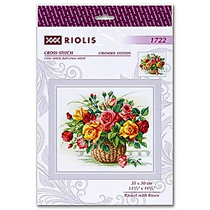 RIOLIS - Basket With Roses - Counted Cross Stitch Kit - 13¾" x 11¾" Zweigart 14ct. White AIDA 29 Colors