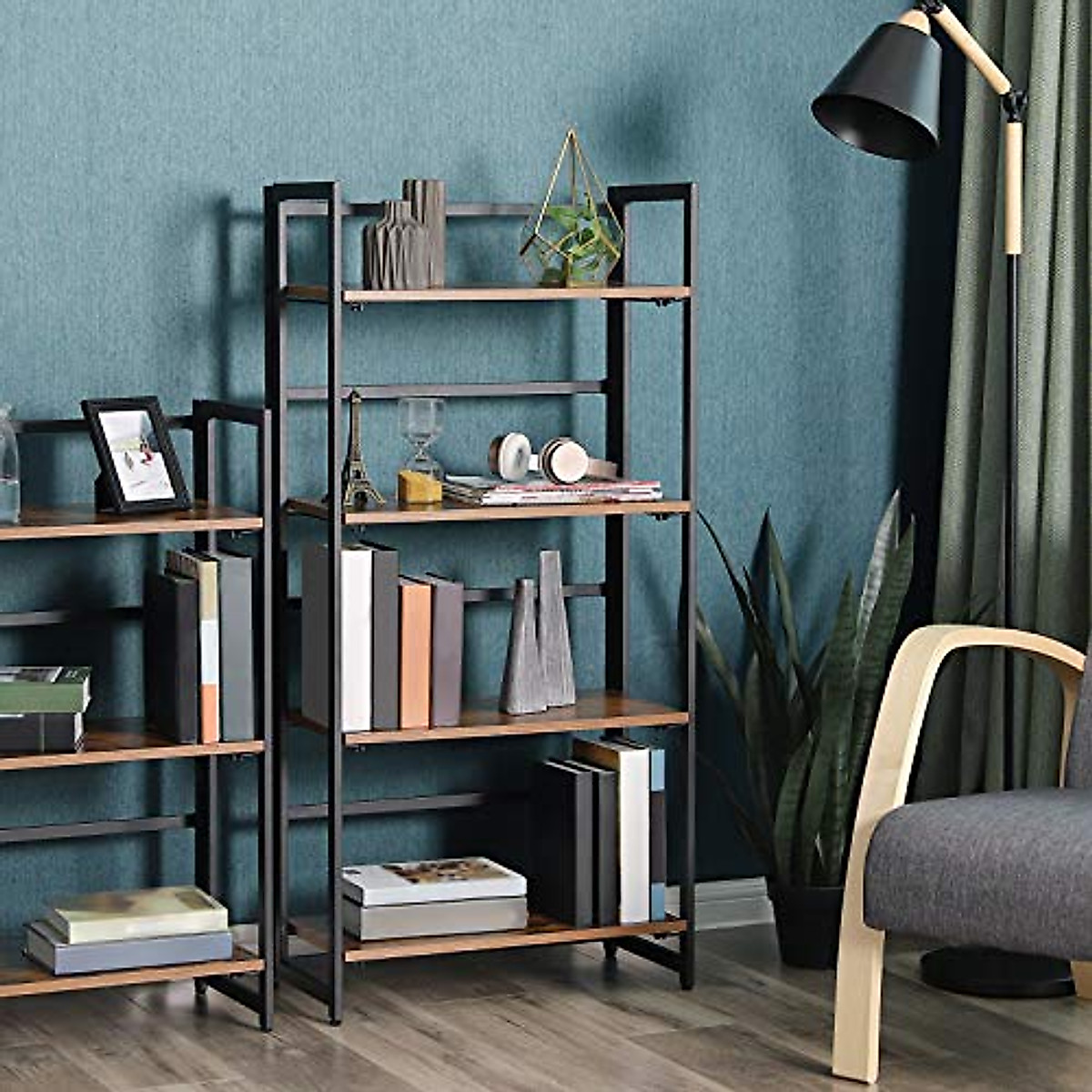 VASAGLE Industrial Bookshelf, Folding Bookcase, 4-Tier Ladder Shelf, Wood Look Accent Furniture with Metal Frame, for Home Office Sturdy and Stable ULLS88X