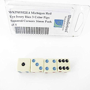 Michigan Red Eye Ivory Dice with 3 Color Pips Squared Corners 16mm (5/8in) Pack of 4 Wondertrail