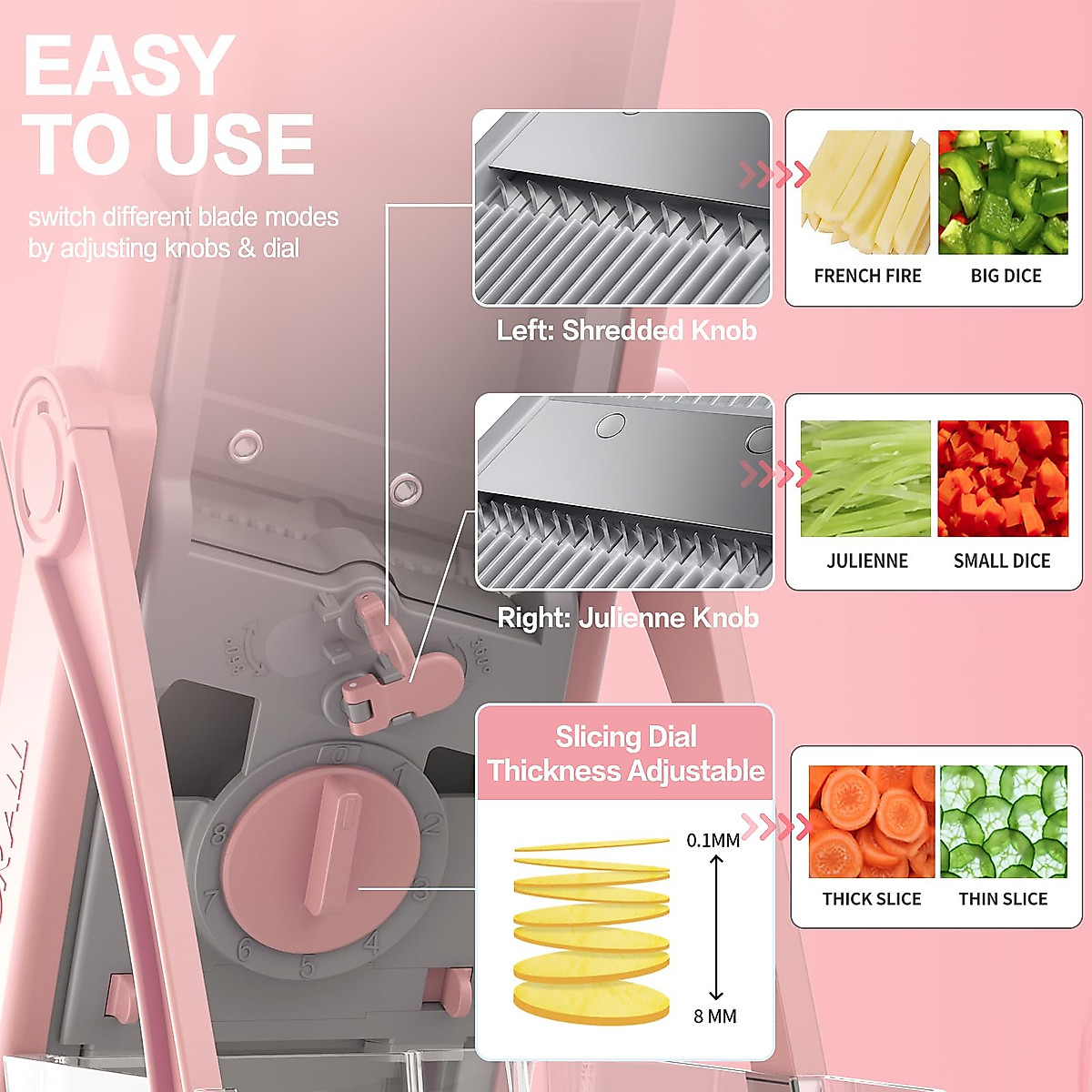 QieCai Safe Mandoline Slicer for Kitchen, Multifunctional Chopper Vegetable Cutter, Julienne + Dicer for Vegetables, Meal Prep & Thickness Adjuster, Essential Kitchen Gadgets-pink