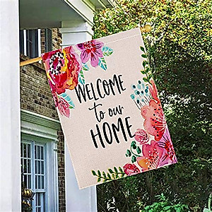 HUGSVIK Burlap Welcome House Flags 28 x 40, Double-sided Welcome to Our Home Garden Flags for Outside, Flower Spring Garden Flags Yard Flags for Spring Summer Holiday Garden Backyard Lawn