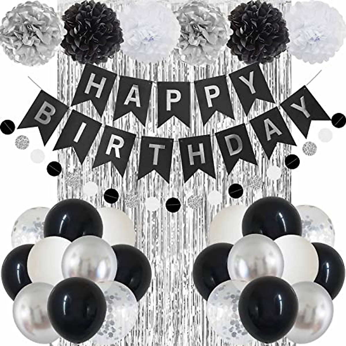 ANSOMO Black and Silver Happy Birthday Party Decorations Banner Balloons Women Men Boys Girls Him Her 13th 15th 16th 18th 20th 21st 25th 30th 35th 40th 45th 50th