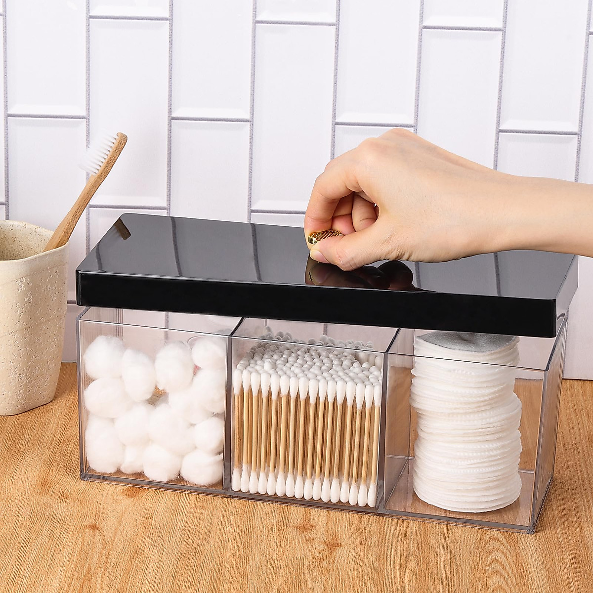 acDesign Qtip Holder Rectangle Cotton Ball and Swab Holder Organizer with Lid, Plastic Apothecary Jars, 3 Compartment Cotton Pad Container for Vanity Makeup Organization