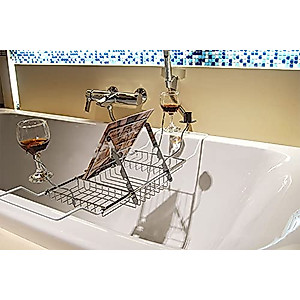 ZHYIYI Stainless Steel Bathtub Caddy Tray,Over Bath Tub Racks Organizer with Removable Wine Rack Book Candle Holder,Expandable Bath Tub Shelf for Reading Black