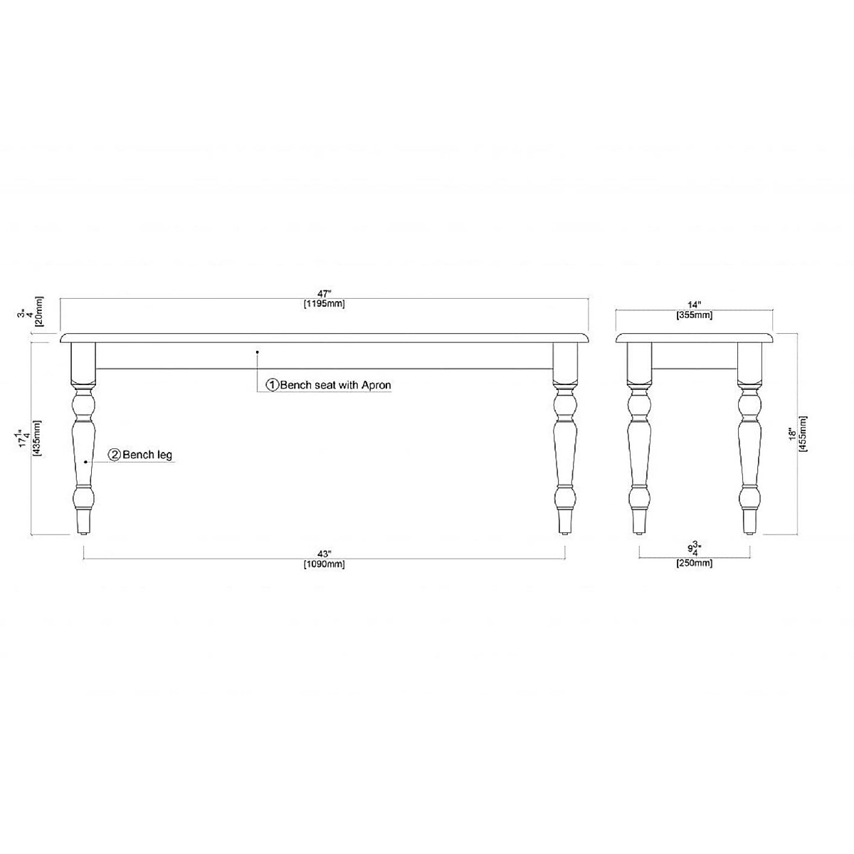 Boraam Farmhouse Bench, White/Natural 14 x 48 x 18