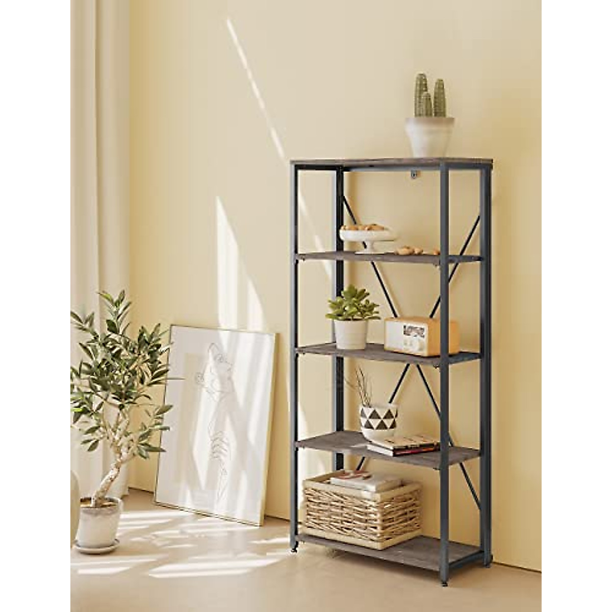 Bookshelf,5-Tier Folding Bookcase,Industrial Book Shelf,Rustic Wood Storage Shelves,Tall Bookshelf,Shelves For Bedroom,Office,Kitchen,Living Room,Study Room,No Assembly Folding Bookshelf,Black