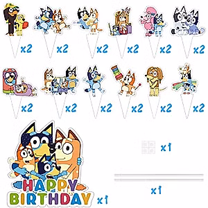 LIT-DAWN 25PCS Blue Dog Cake Cupcake Topper Decorations Cartoon Dog Happy Birthday Party Supplies for Kids Party Favors