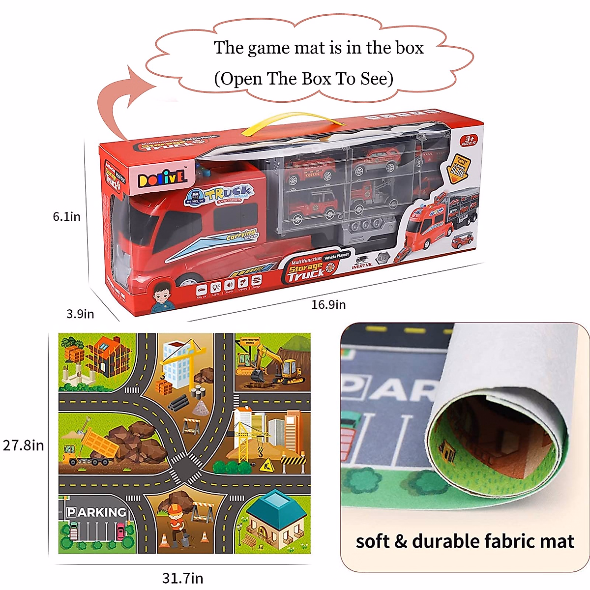 PANITU Firefighter Toys Die-cast Large Fire Truck Toy Set with Game Mat,Rescue Emergency in Carrier Truck with Sound and Light，Play Vehicle Set for Age 3 4 5 6 7 Years Old Boys Girl Gift Red