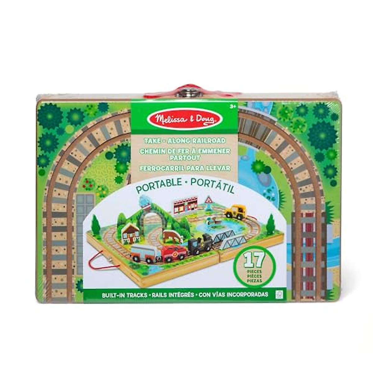 Melissa & Doug 17-Piece Wooden Take-Along Tabletop Railroad, 3 Trains, Truck, Play Pieces, Bridge - FSC Certified