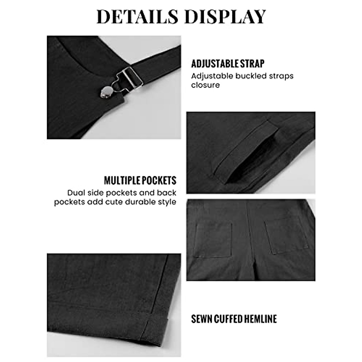 Fiona Jolin Women's Summer Cotton Linen Short Overalls Casual Bib Overall Shorts Rompers with Pockets (Black-Large)