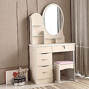 LEONYS Makeup Vanity Desk with Rounded Mirror, 3 Drawers, Vanity Set with Upholstered Stool, for Bathroom, Bedroom, Girls Vanity for Gift (Color : Pink)