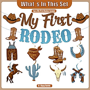 NO-DIY Cowboy Birthday Decorations, Cowboy First Rodeo Birthday Party Decorations Boy, My First Rodeo Birthday Party Supplies Boy Includes 2 Banner 1 Cake Topper 8 Hanging Swirls for Baby Shower