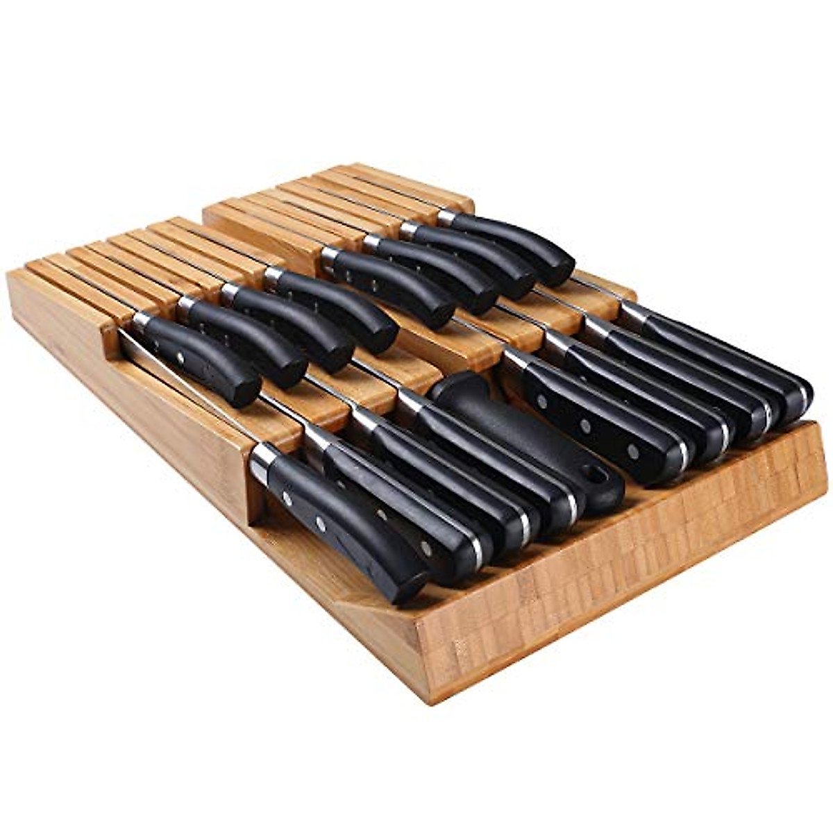 Bamboo In-Drawer Knife Block for 16 Knives and 1 Sharpening Steel(No Knife Included), Large Detachable Washable Kitchen Knife set, Drawer Knife Set Storage, Knife Organizer and Holder