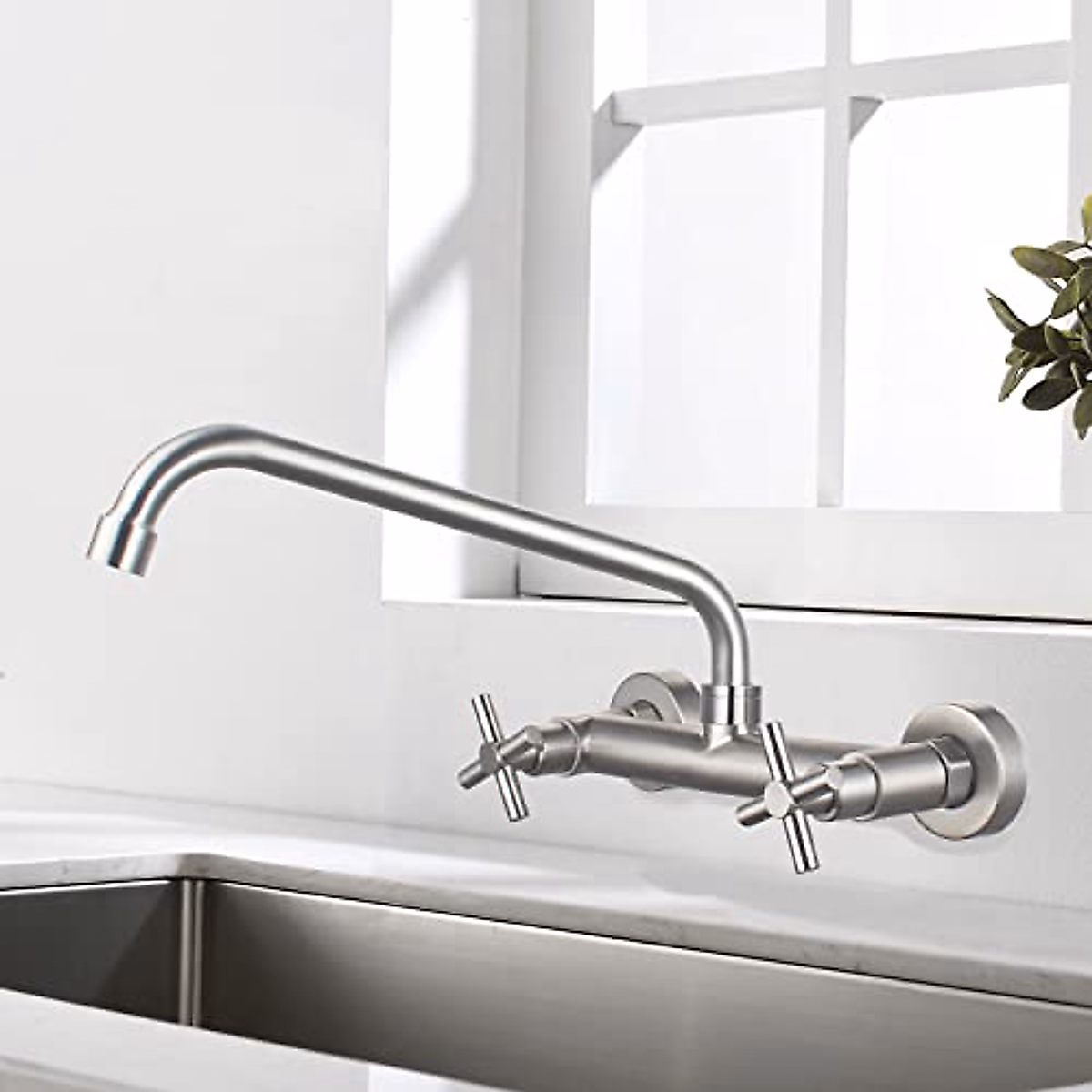 UMANYI Commercial Kitchen Faucets 8 inch Center Wall Mount Stainless Steel Brushed Nickel 2 Handle Utility Laundry Sink Faucet Bar Pre Faucet with 11" spout SSKF09-2LCW