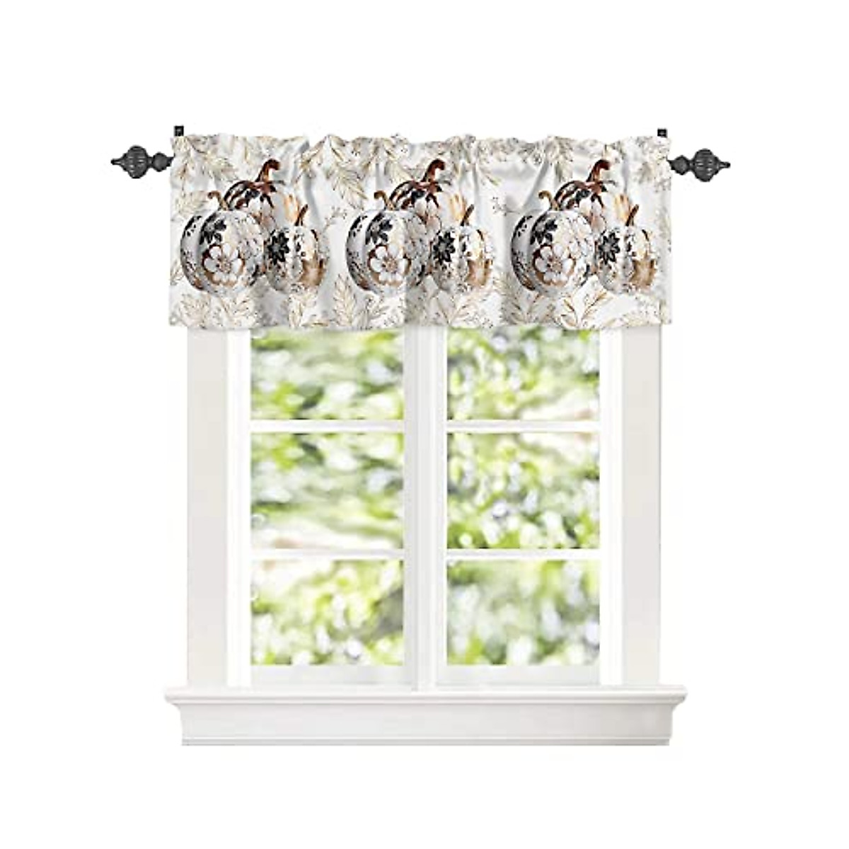 Window Curtain Valances for Kitchen Windows,Fall Flower Texture Ceramic Pumpkin Rod Pocket Short Window Valance Gold Line Leaves on White Treatment Valance for Living Room/Bathroom/Bedroom,42x18in