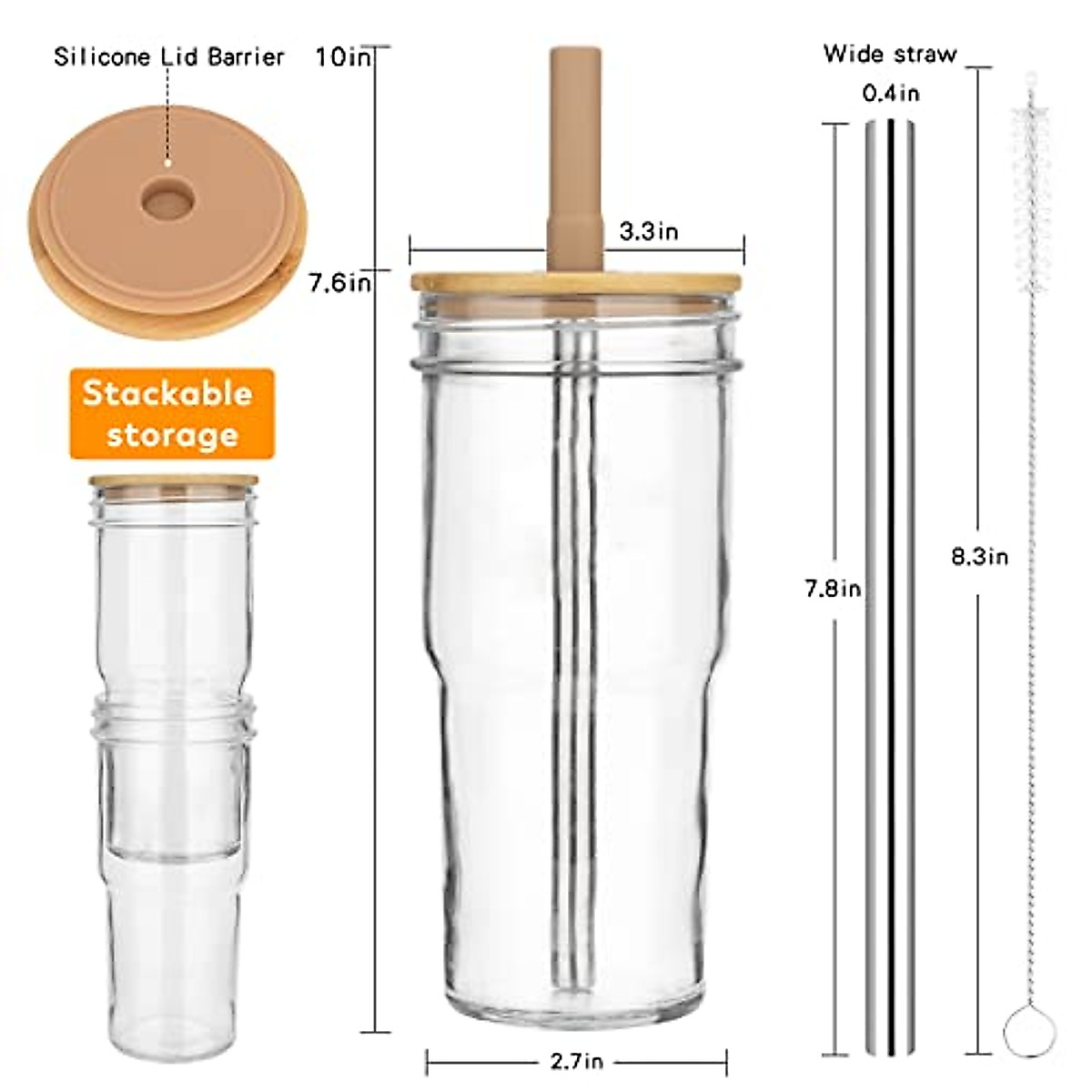 Zukro 24 oz Glass Tumbler Cup with Bamboo Lid and Straw 2 Pack, Mason Jar Drinking Glasses, Boba Tea Cup, Wide Mouth Glass Bottle for Smoothie, Iced Coffee, Juice, Water, BPA Free, Dishwasher Safe