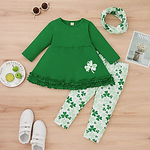XFGLCK Toddler Kids Baby Girls St.Patrick's Day Outfits Flare Tunic Long Sleeve Dress Shirt Shamrock Print Pants Scarf Sets (Green St.Patrick's day outfits, 2-3 Years)