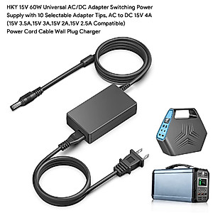 HKY 15V 60W Universal AC/DC Adapter Switching Power Supply with 10 Selectable Adapter Tips, AC to DC 15V 4A (15V 3.5A,15V 3A,15V 2A,15V 2.5A Compatible) Power Cord Cable Wall Plug Charger