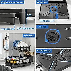 KEKAPE Dish Drying Rack, Space-Saving & Durable, Rust-Proof 2 Tier Stainless Steel Dish Rack for Kitchen Counter with Detachable Drainboard, Utensil Holder, and Cup Holder Set,Large Size, Black