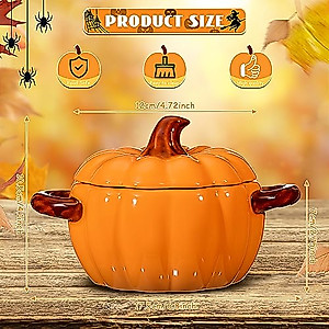 Uiifan 2 Pcs Pumpkin Bowls Ceramic Pumpkin Dish Casserole Cookware 17 oz Pumpkin Pots for Cooking Orange Cute Pumpkin Bowl Safe Oven Pot with Lid Double Ear for Halloween Thanksgiving Baking