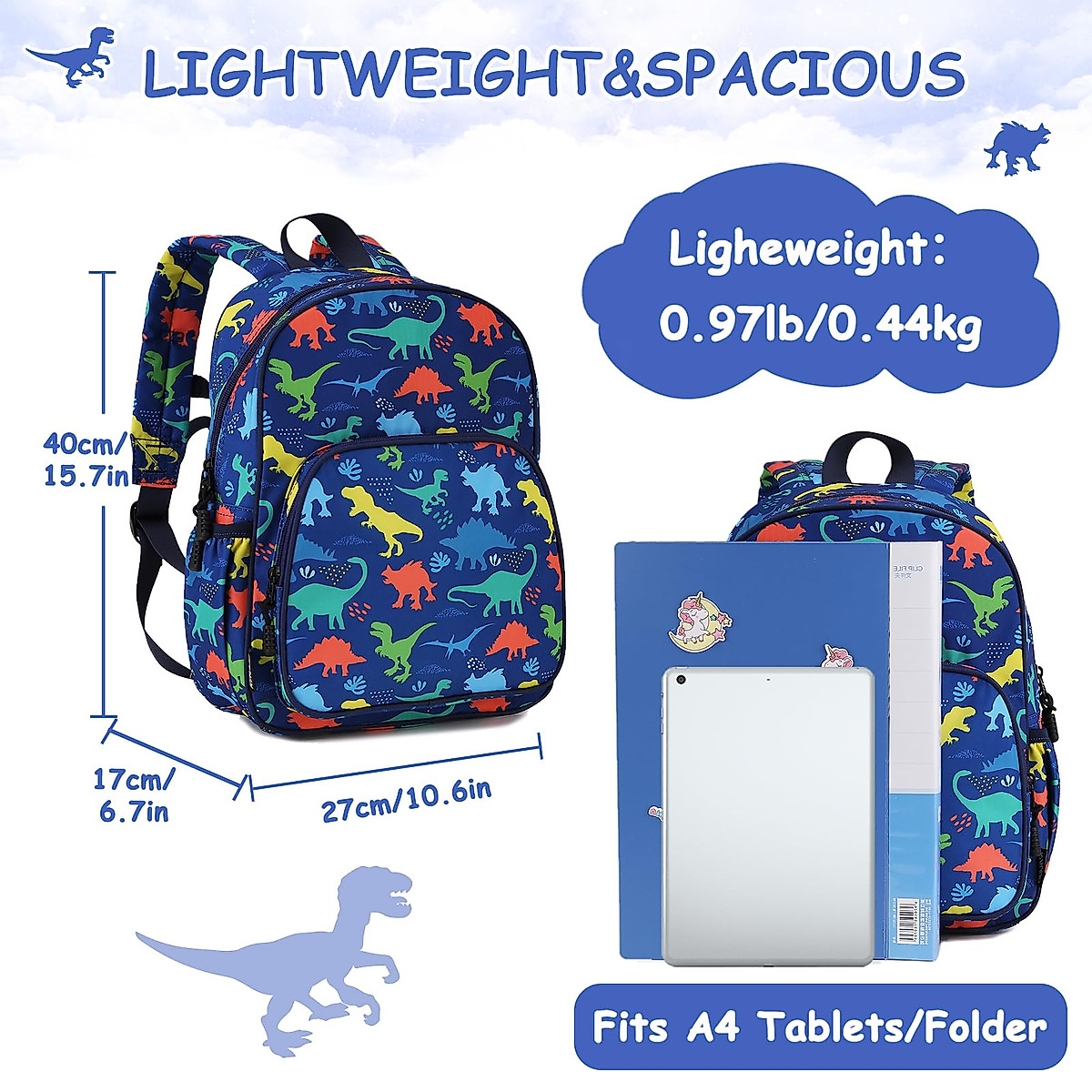 RAVUO Kids Backpack, Cute Dinosaur Backpack for Boys Toddler School Bookbag with Chest Strap