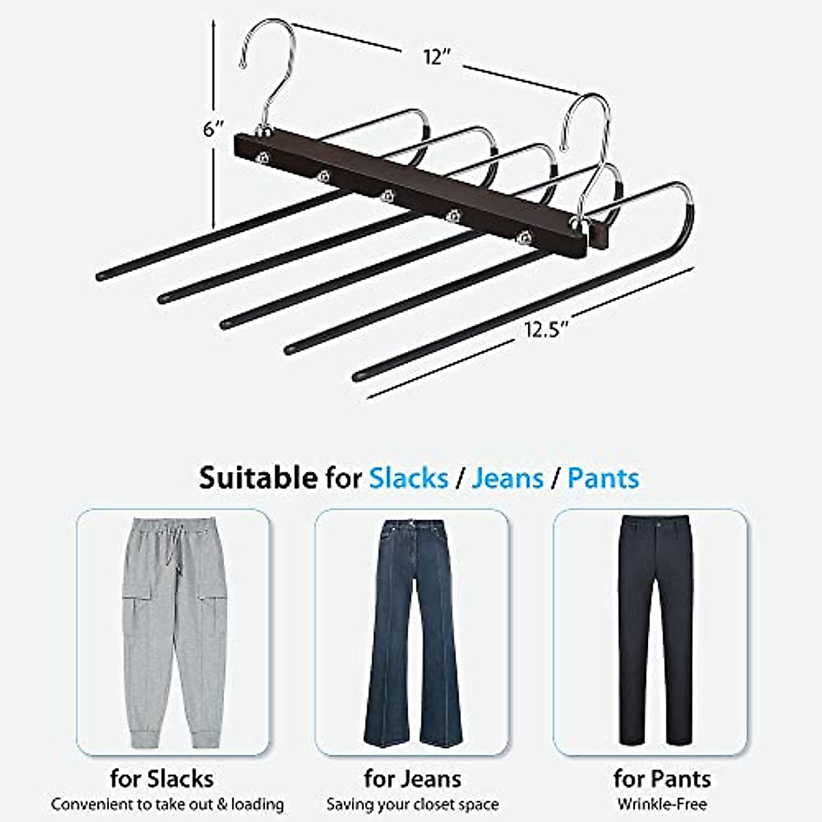 Wetheny Solid Wood with Stainless Steel Pants Hangers Space Saving,360° Rotating Chrome Swivel Hook with 5 Anti-Rust Trouse Hanger,Closet Clothes Organizer for Trousers Scarves Slack (1 Pack)