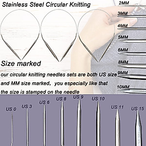 9 Pieces Size Marked US 0-15 Circular Knitting Needles Stainless Steel Knitting Needles Set for Beginner (16 Inch)