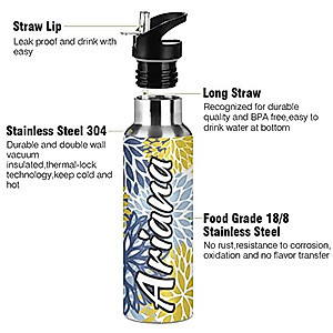 RunningBear Custom Spring Blue Floral Pattern Water Bottle with Straw Lid Personalized 20oz Insulated Sports Water Bottle Customized Leak Proof BPA-Free Flask for Boys Girls