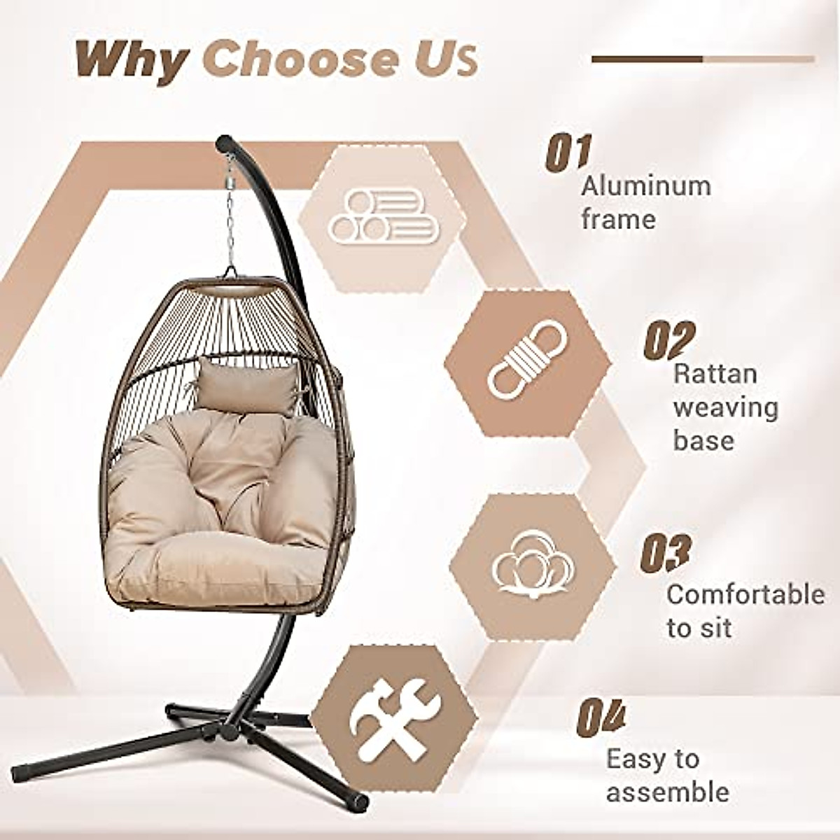 Devoko Egg Chair Indoor Outdoor Hanging Swing Chair Wicker Rattan Patio Hammock Chair with Stand Soft Cushion for Bedroom Garden Backyard (Tan)
