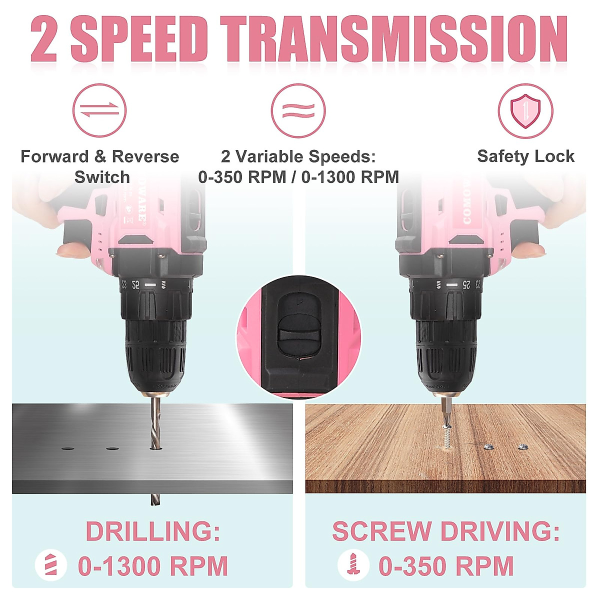 COMOWARE Cordless Drill Set, 20V Power Drill, Pink Drill Set for Women, 1 Battery & Charger, 3/8" Keyless Chuck, 2 Variable Speed, 266 In-lb Torque, 25+1 Position, with Pink Storage Bag